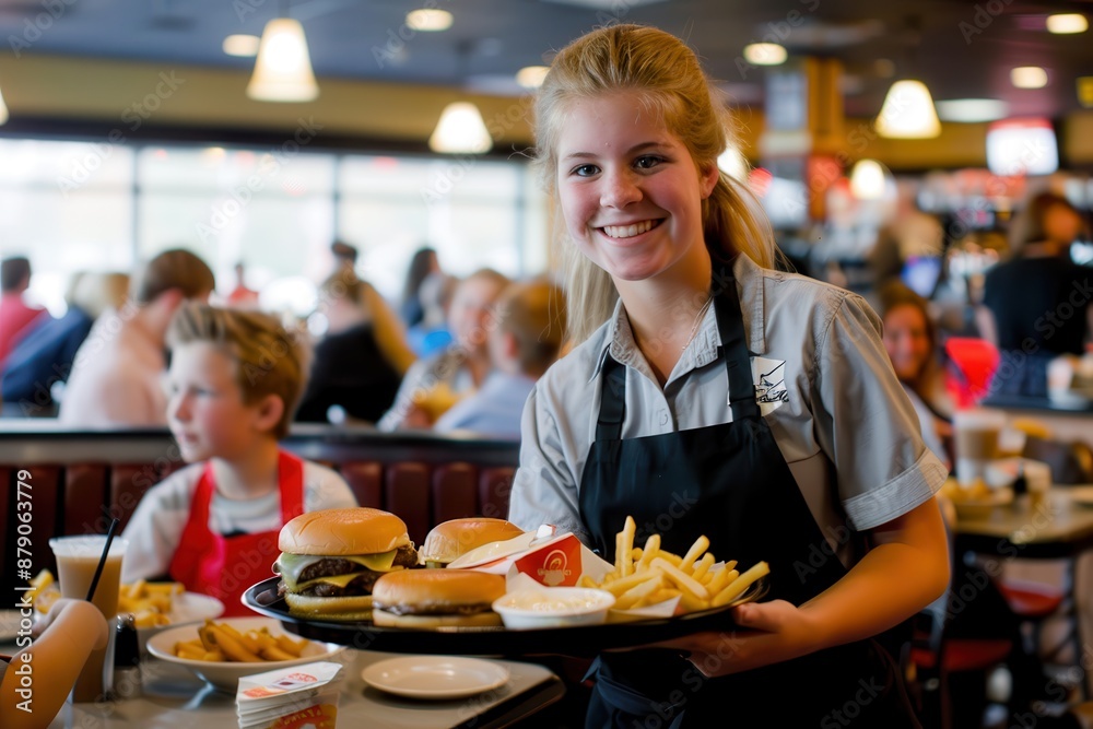 Cheerful waitress serving burgers and fries in a family-friendly diner ...