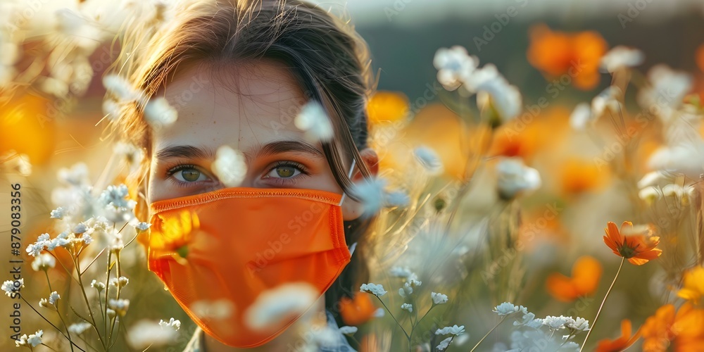 Teen with pollen allergy wears orange mask in flower field managing ...