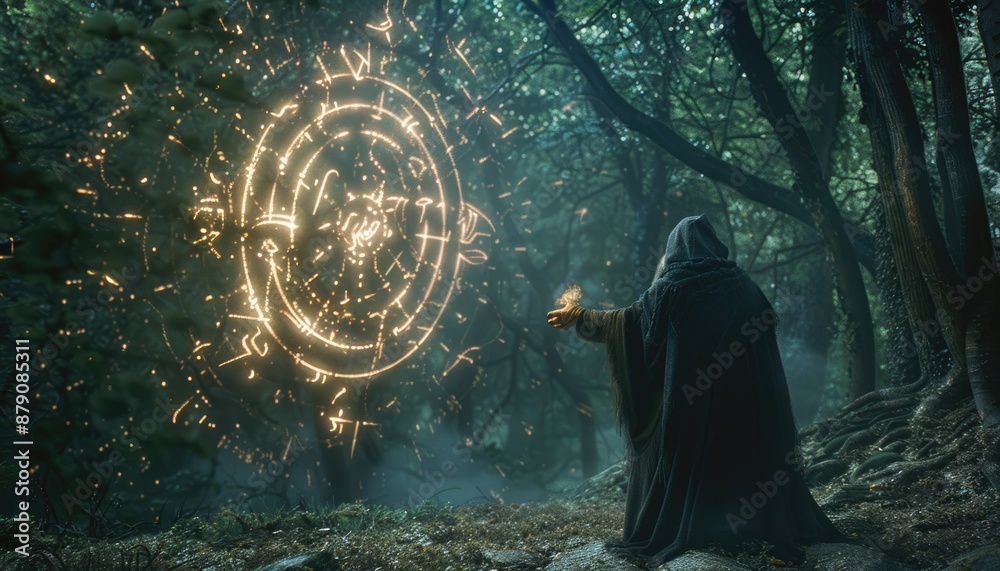 In an enchanted forest, a wizard performs rituals under an ancient tree ...
