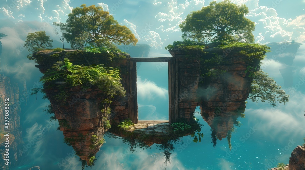 Possibility: A door opening to a surreal landscape filled with floating ...