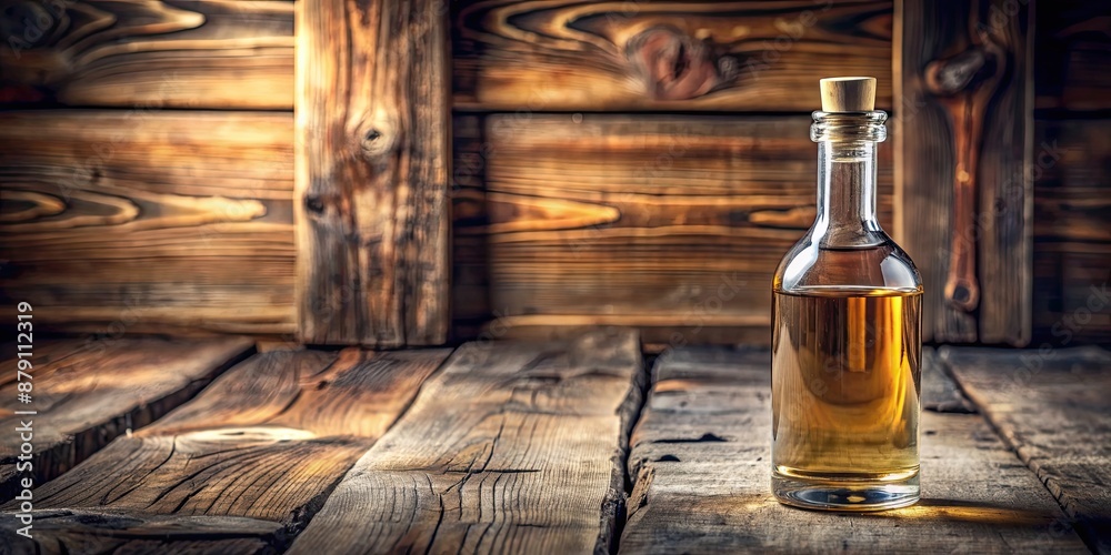 Close-up of a bottle of homemade alcool-grappa on a rustic wooden table ...