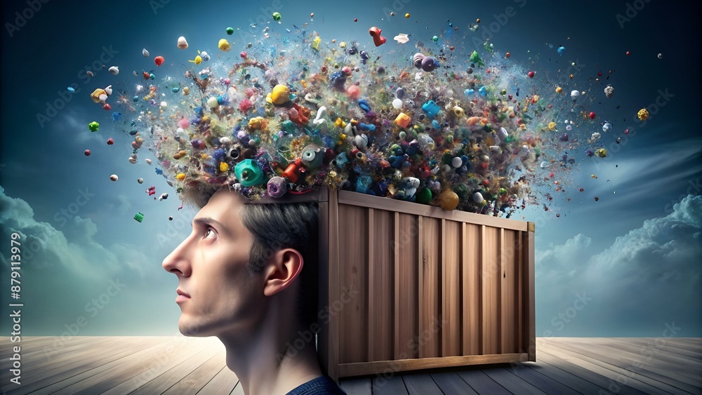 person's mind overflowing with intrusive thoughts, represented by a ...