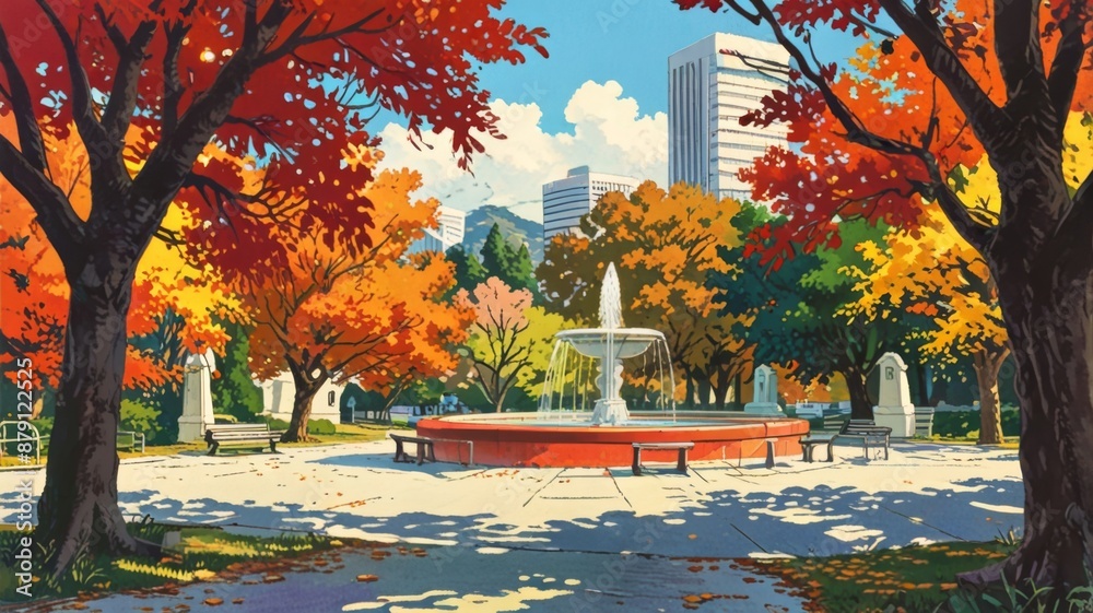anime autumn season park landscape, cartoon style autumn season ...