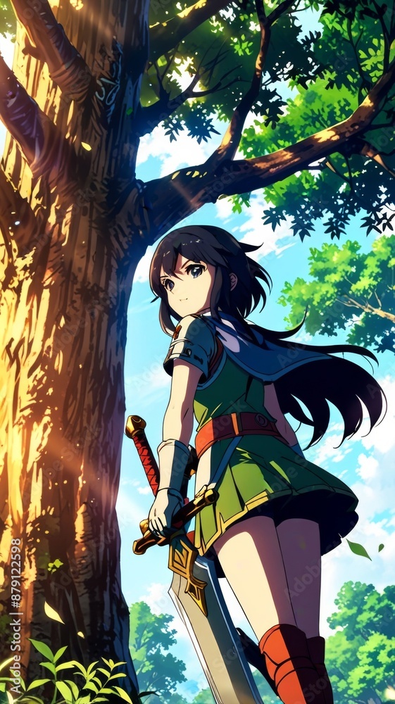 anime girl in forest, warrior girl illustration, cartoon fighter girl ...