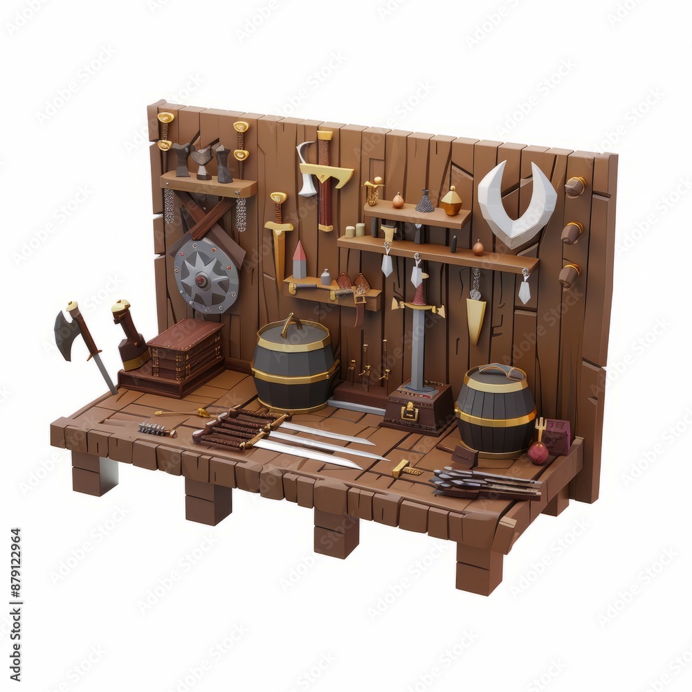 3D Render, Low Poly style of a medieval armory, on isolated white ...
