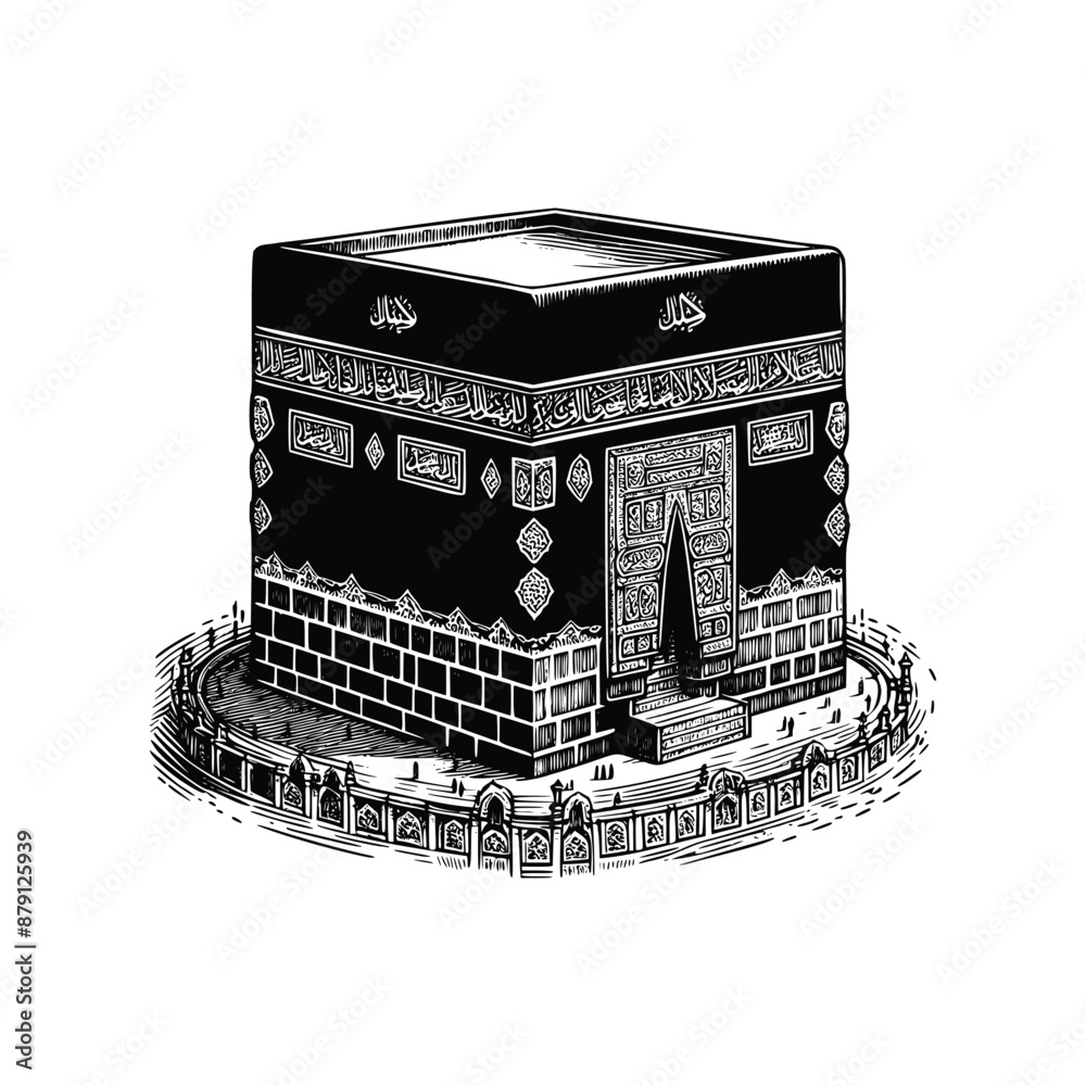 hand drawn Illustration of Kaaba. engraving black and white Kaaba ...