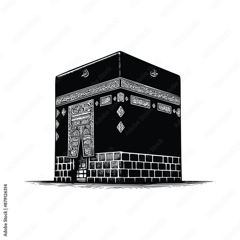 hand drawn Illustration of Kaaba. engraving black and white Kaaba ...