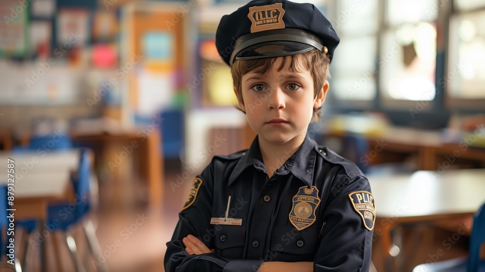 A boy dressed as an adult police officer stands in the center of his ...