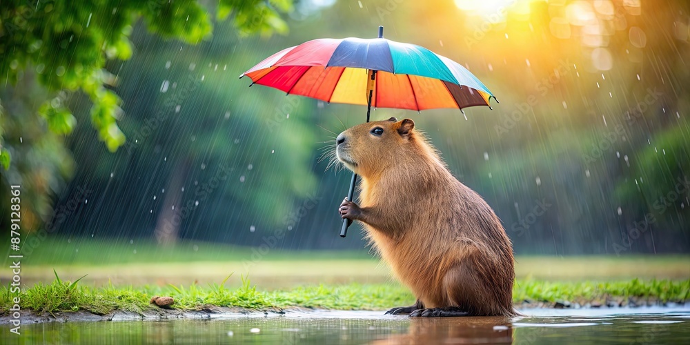 Capybara holding a colorful umbrella on a rainy day, capybara, animal ...