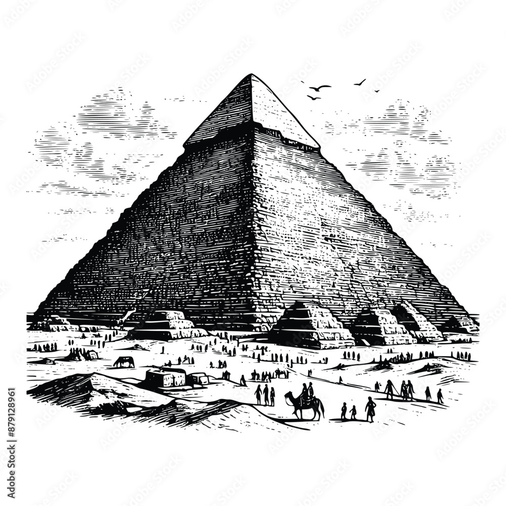 hand drawn Illustration of The Great Pyramid Of Giza. engraving black ...