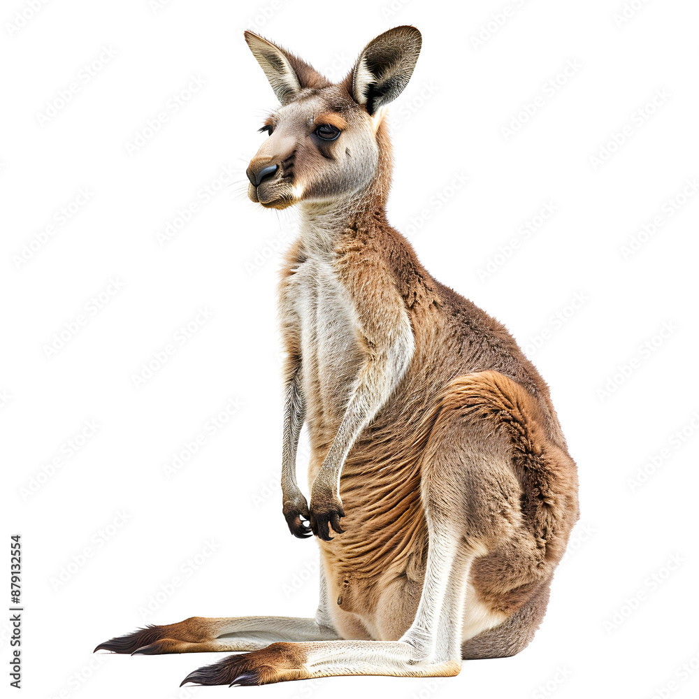 A kangaroo sits upright with its legs outstretched isolated on ...