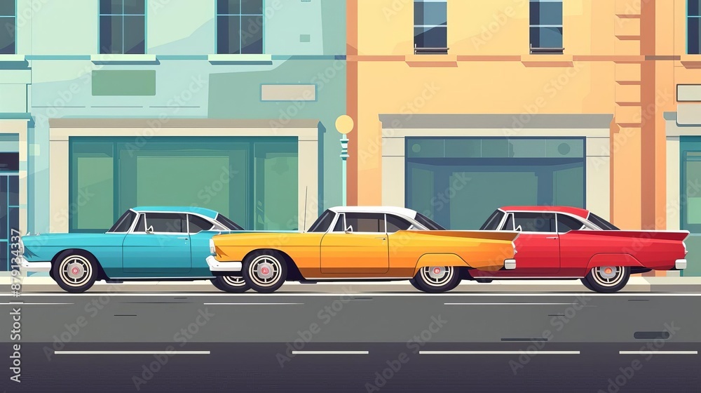 Vintage vehicles museum flat design side view theme classic cars ...