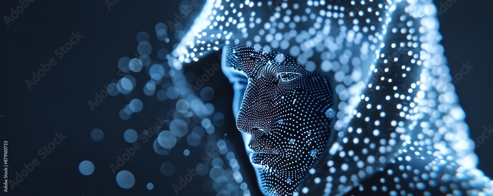 Digital human face with glowing dots forming a hood, signifying ...
