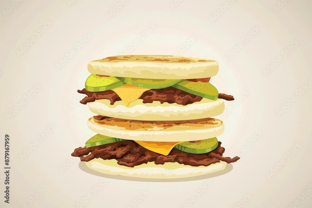 Vector flat illustration of a thick, plain "rugged" arepas with avocado ...