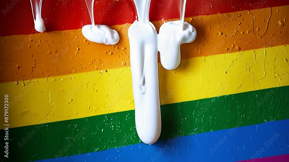 Rainbow flag symbolizing Pride Month. White paint drips down, forming ...