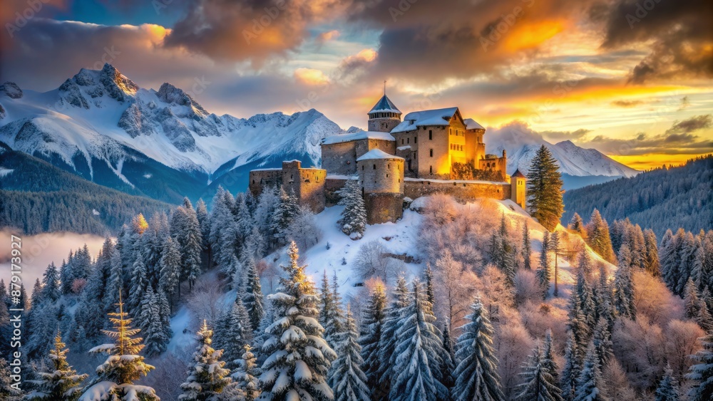 Majestic fairy-tale castle with soaring turrets, twinkling ice crystals ...