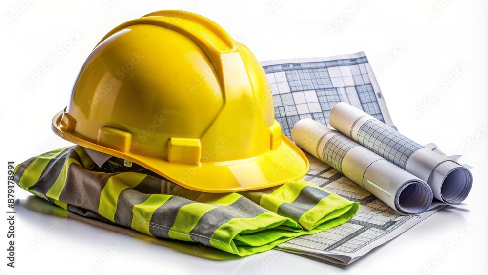 Construction planning concept featuring safety vest, hard hat, and ...