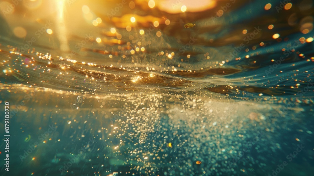 Golden sunlight shines through water, illuminating bubbles and creating ...