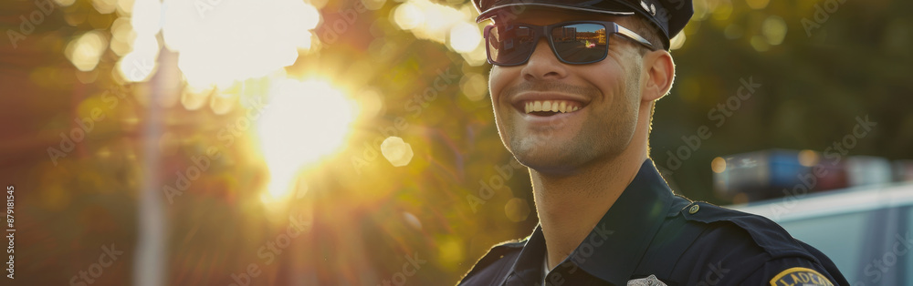 Smiling police officer wearing sunglasses on duty in an urban setting ...