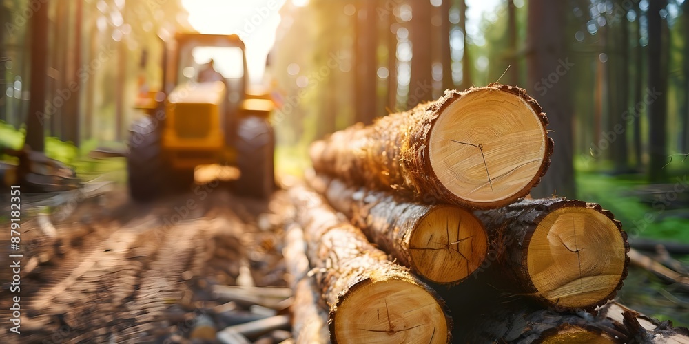 Transporting raw timber with wheeled harvesters in forest clearing ...
