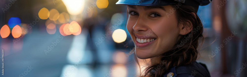 Smiling female police officer standing on a city street at night ...