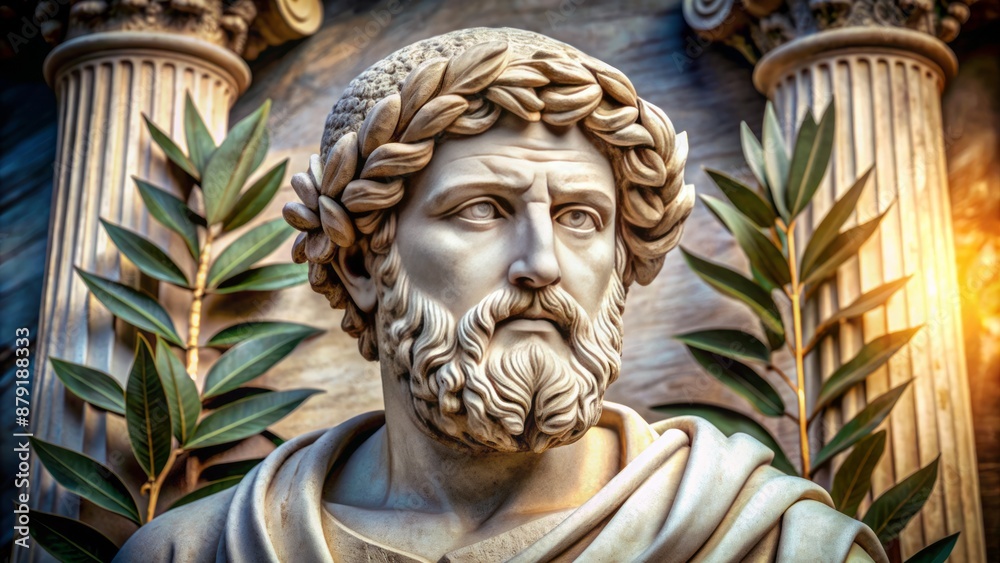 Ancient Greek-inspired marble statue of a stoic figure with serene ...