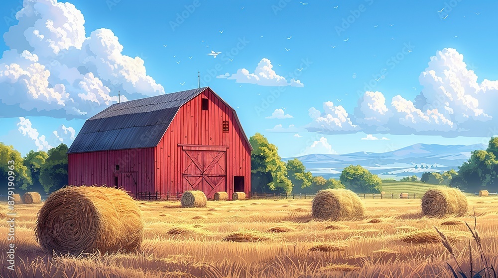 Farm-themed cartoon barn design featuring straw bales and hay piles ...