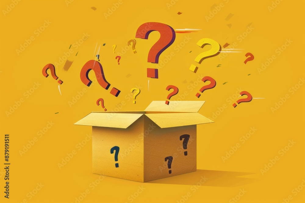 fun mystery box with question marks and exclamation marks flying out of ...
