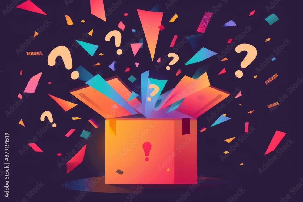 fun mystery box with question marks and exclamation marks flying out of ...