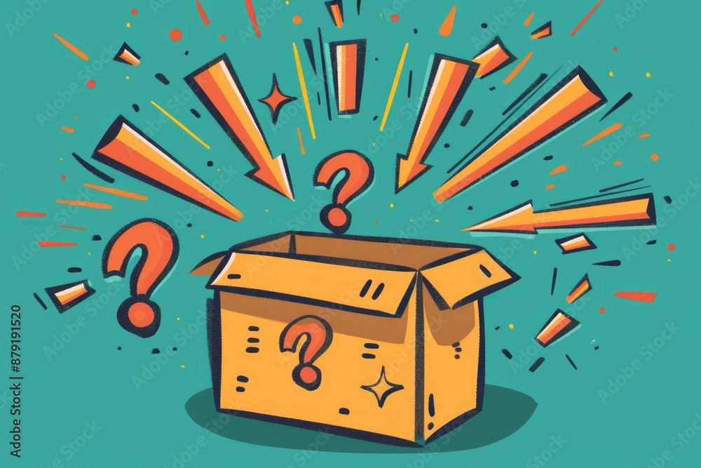fun mystery box with question marks and exclamation marks flying out of ...