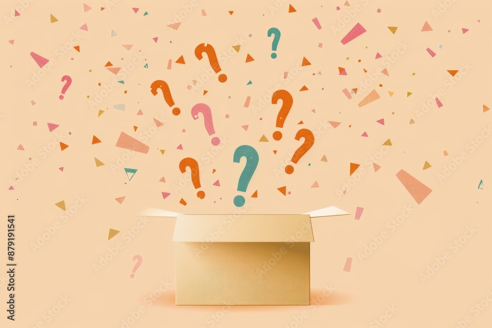 fun mystery box with question marks and exclamation marks flying out of ...