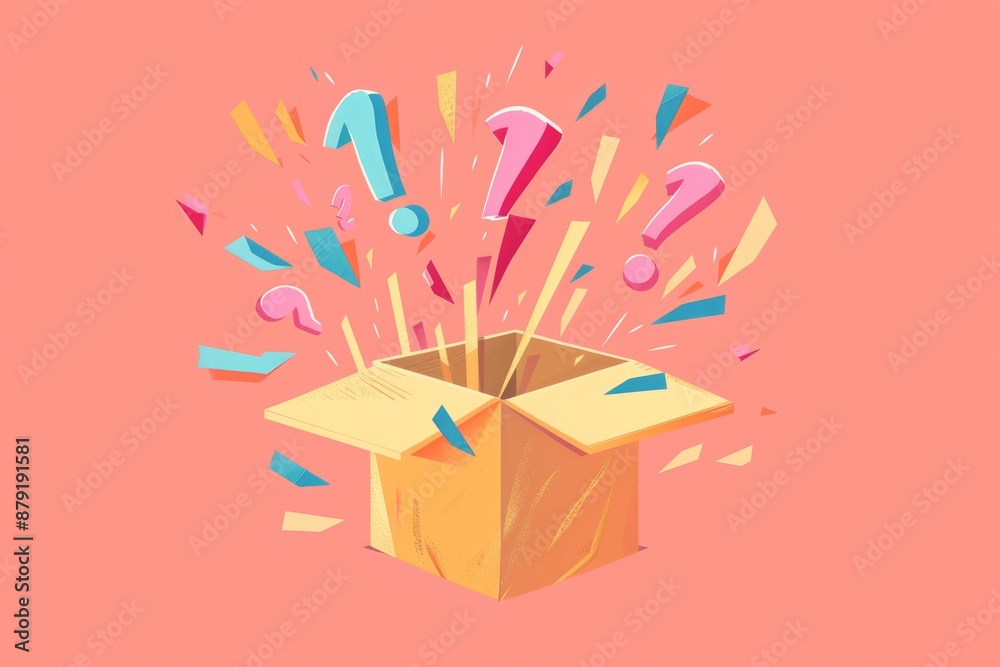 fun mystery box with question marks and exclamation marks flying out of ...