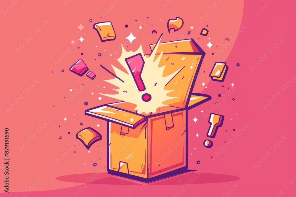 fun mystery box with question marks and exclamation marks flying out of ...