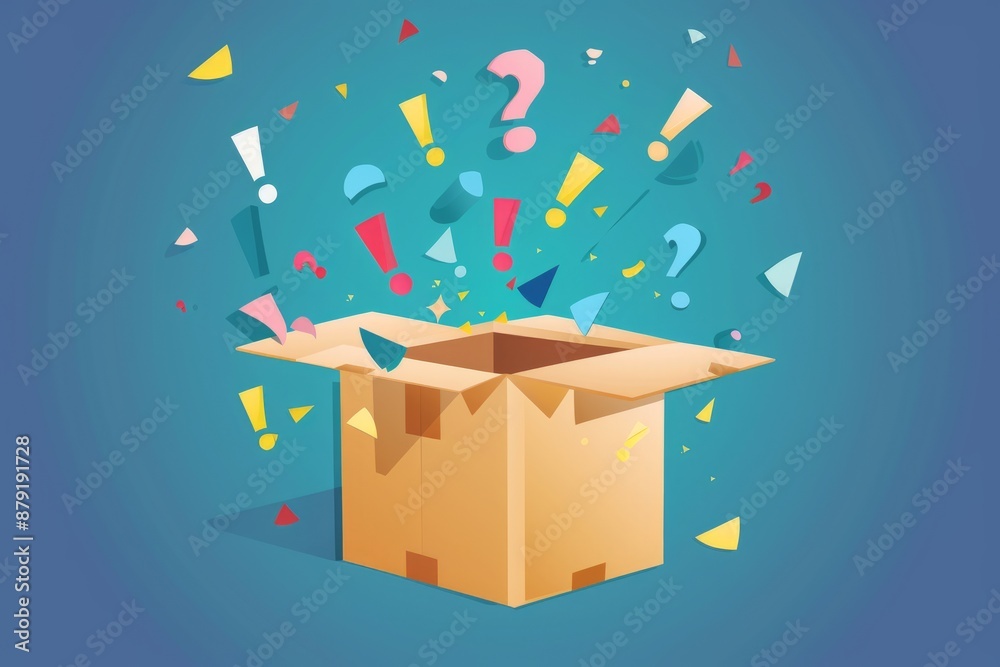 fun mystery box with question marks and exclamation marks flying out of ...