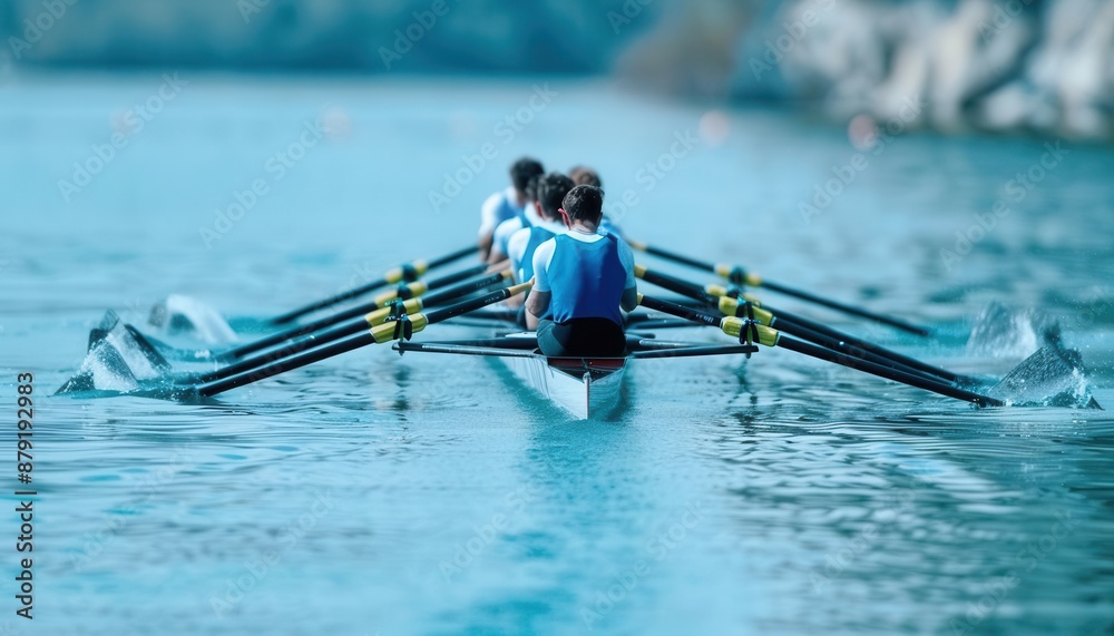 Team of rowers in a boat rowing on calm water, synchronized movement ...