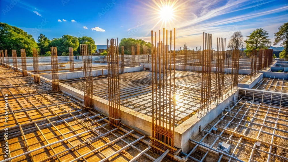 Empty construction site with concrete formwork frames and steel ...