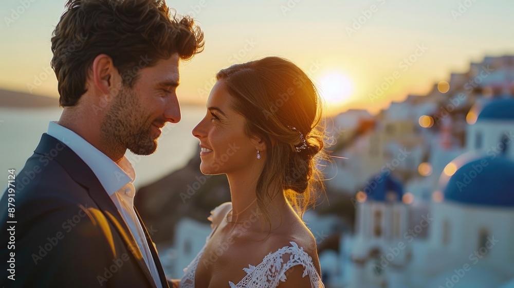 Pareja de jovenes enamorados en Santorini, Grecia, una foto de boda. Concepto de amor al ...