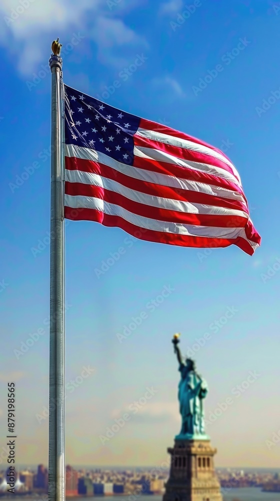 Norteamérica y sus símbolos patrios. Bandera y estatua de la libertad ...