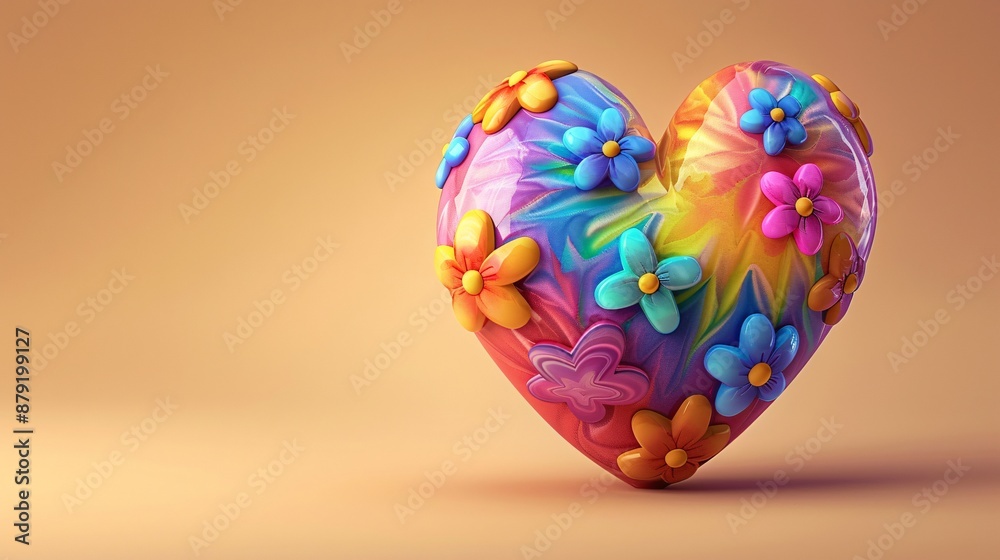 Cartoon heart with peace symbols and flowers on a plain background ...
