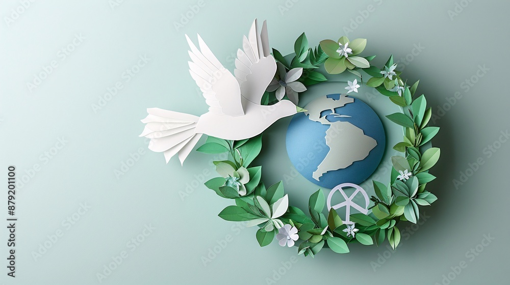 2D paper crafts art depicting a white dove flying over a globe with ...