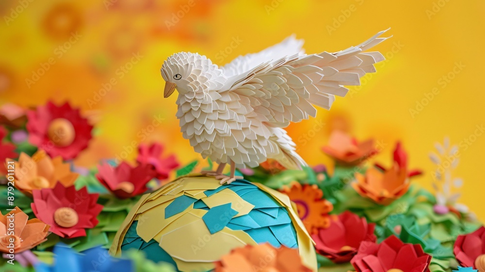 2D paper crafts art depicting a white dove flying over a globe with ...
