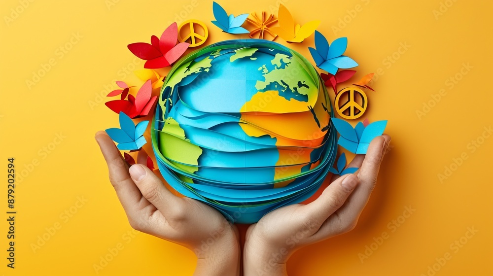 2D paper crafts art depicting hands holding a globe with peace signs ...