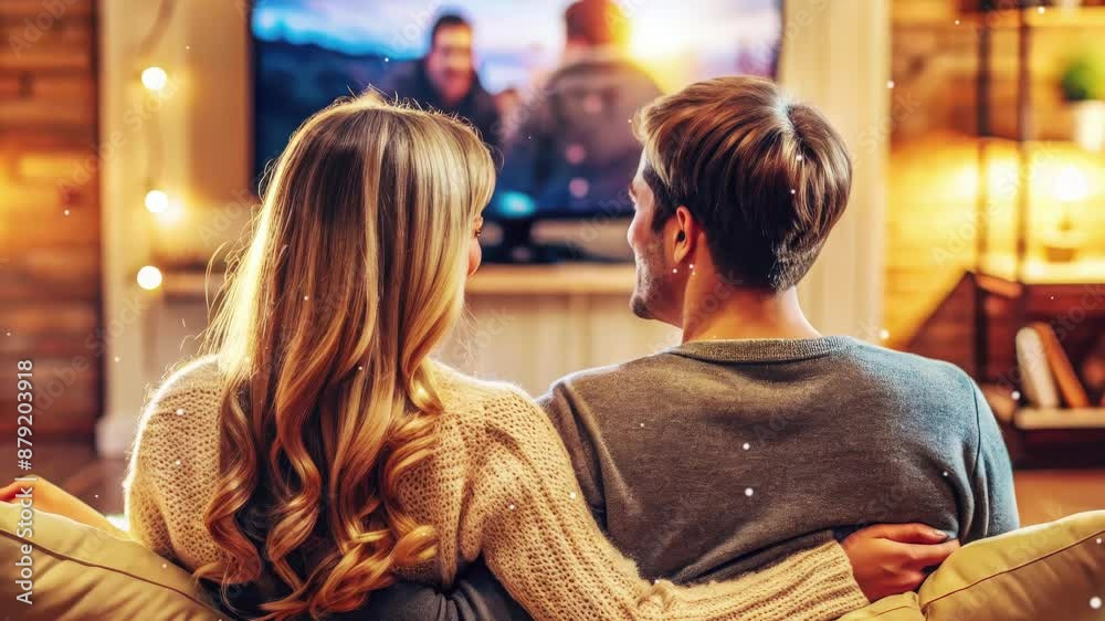 Romantic couple watch TV together at home. A cozy and intimate scene of ...