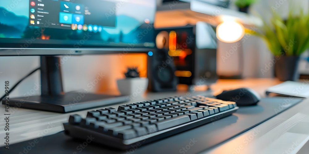 Desk setup with computer keyboard and monitor for work or gaming ...