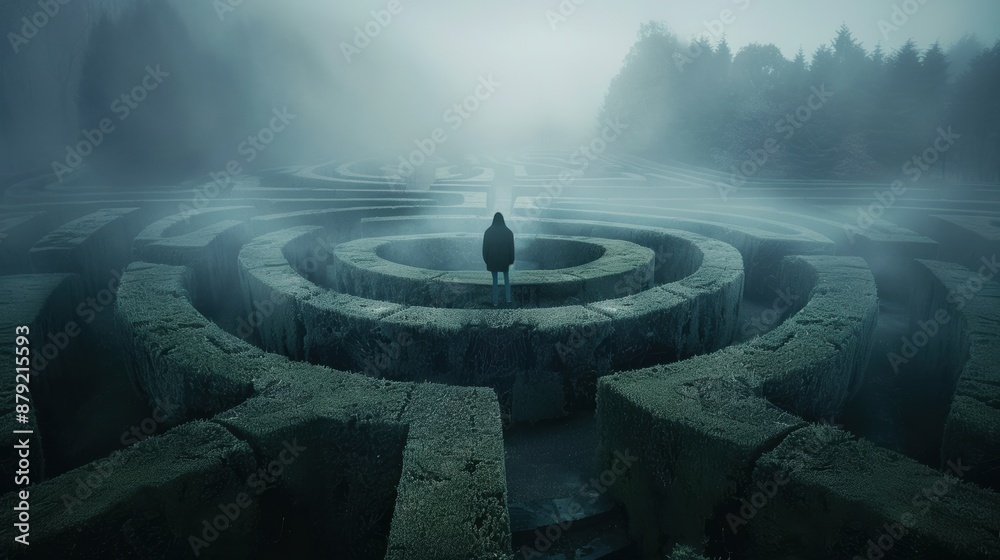 A maze with tall hedges, a person standing at a crossroads with ...