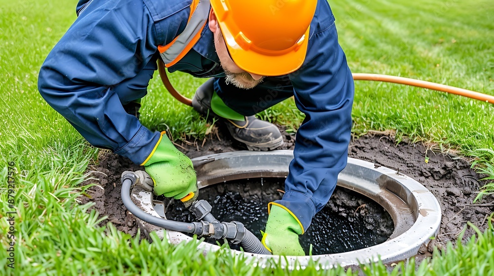 An ultra-realistic photo of a professional worker cleaning a sewer ...