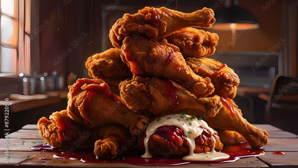 Vibrant fried chicken piled precariously on top of one another on a ...