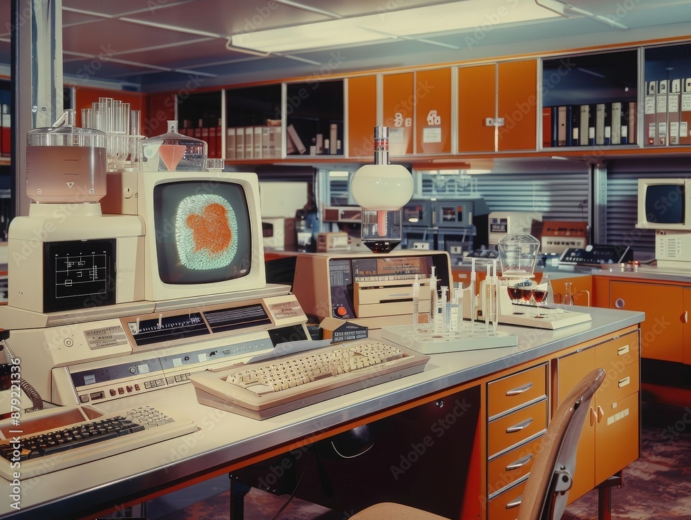 Vintage science lab with retro computers and scientific equipment ...