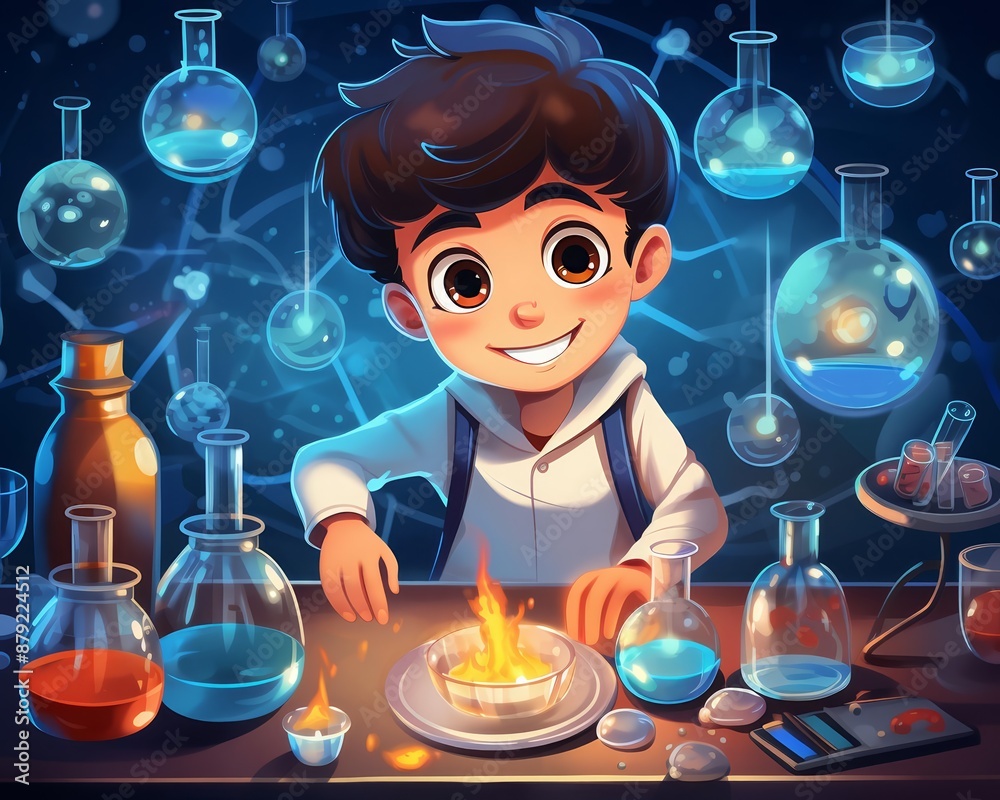 Cartoon pupil doing science experiment flat design top view curious ...