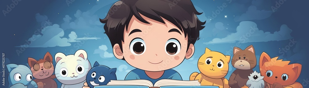 Cartoon child reading book flat design top view educational theme ...